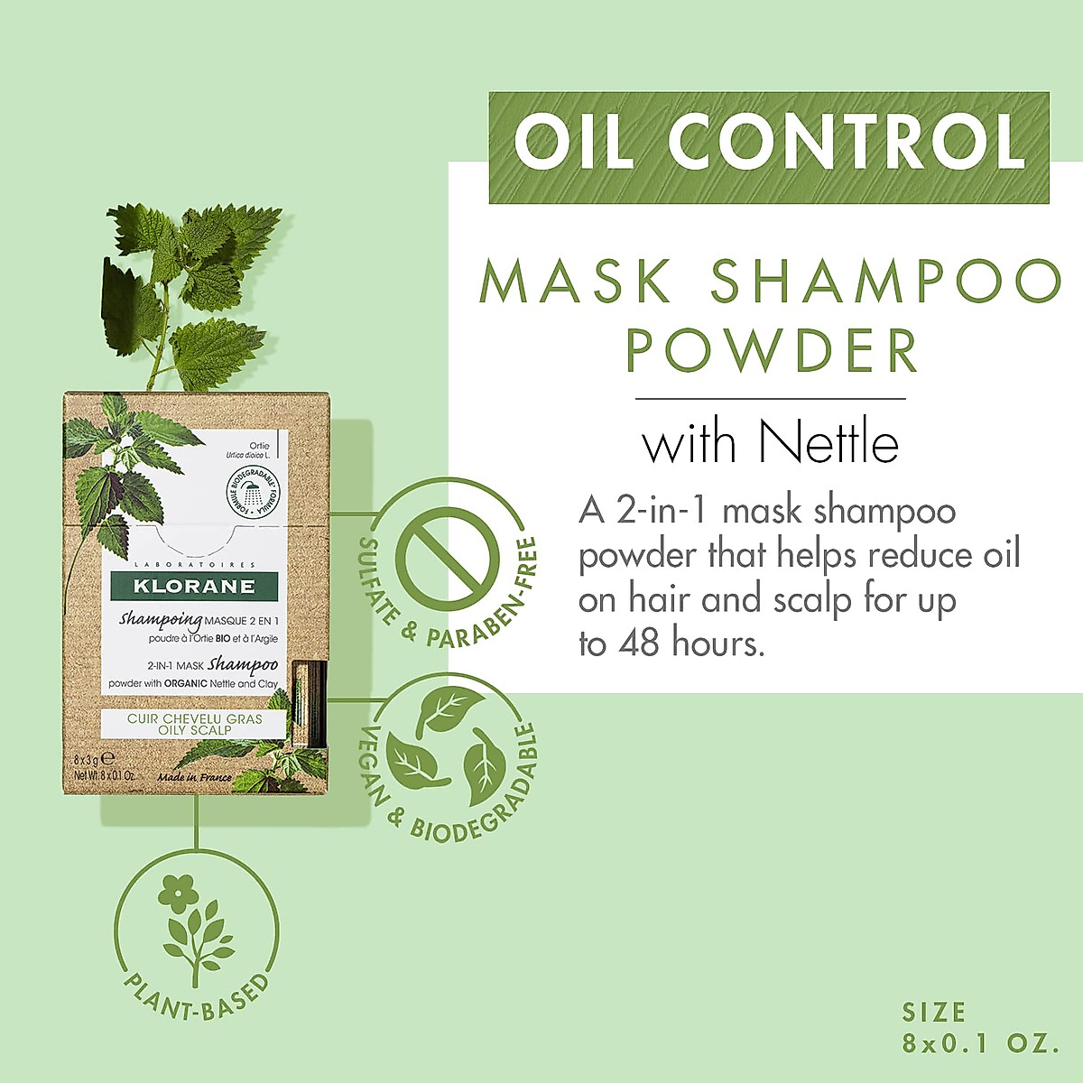 Klorane Oil Control 2-in-1 Mask Shampoo Powder with Nettle and Clay for Oily Hair and Scalp, Deep Cleansing Powder-to-Foam Treatment - Paraben, Silicone and Sulfate Free, Biodegradable, Vegan