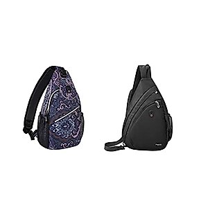 MOSISO Sling Backpack,Travel Hiking Daypack Pattern and Fan-shaped Rope Crossbody Shoulder Bag, Navy Blue Base Totem Texture&Black