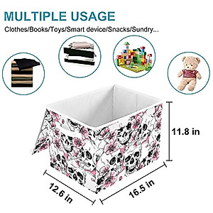 CaTaKu Skull Pink Cherry Storage Bins with Lids and Handles, Fabric Large Storage Container Cube Basket with Lid Decorative Storage Boxes for Organizing Clothes