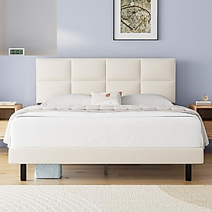 Molblly Full Size Bed Frame with Upholstered Headboard, Strong Frame, and Wooden Slats Support, Non-Slip and Noise-Free, No Box Spring Needed, Easy Assembly, Beige