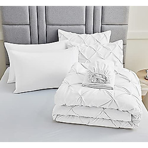 CozyLux Queen Comforter Set - 7 Pieces Comforters Queen Size White, Pintuck Bed in A Bag Pinch Pleat Complete Bedding Sets with Comforter, Flat Sheet, Fitted Sheet and Pillowcases & Shams