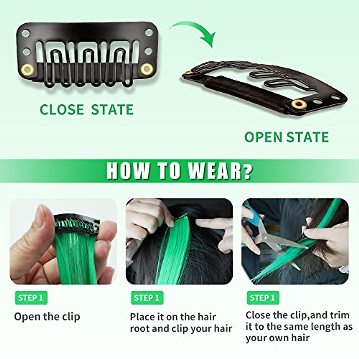 Green Hair Party Highlight Synthetic Hairpiece,12 Pieces Hair Extension for St. Patrick's Day Kids Girls Women 20 Inch