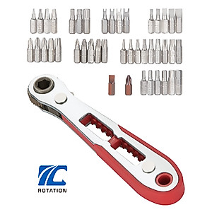 ROTATION 44pc Bit Set with 1/4 Mini Ratchet Offset Screwdriver, Portable Case, CR-V Steel, Drive Handle & Multi Hex/Phillips/Slotted/Torx/Star Bit