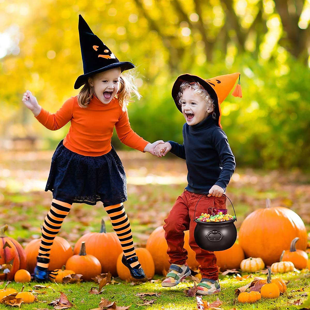 7Pack Halloween Cauldron with Handle Black Cauldron Candy Bucket Candy Kettle for Halloween St Patrick Day Party Decoration attached 6PCS Eyeballs