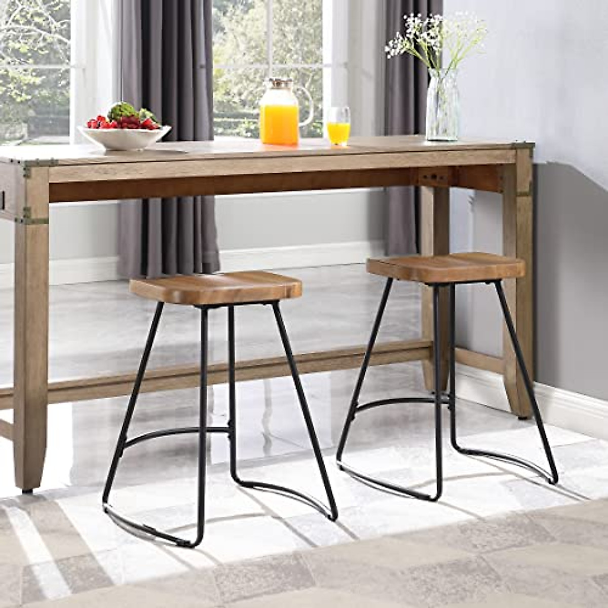 JUBILOOM 24 Inch Bar Stools, Counter Height Bar Stools with Metal Leg, Kitchen Stools with Wood Saddle, Industrial Backless Bar Stools for Kitchen Island, Natural Solid Elm Wood Black Metal, 624PNR1