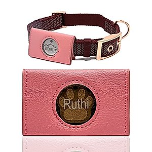 Dog Collar ID Holder - Dog ID Tag Silencer - Dog Collar Wallet for Pets - Soundless Pet Name Tags Cover - Silent Slide On Name Tags with Tracker & Poop Bag Pockets (Pink)