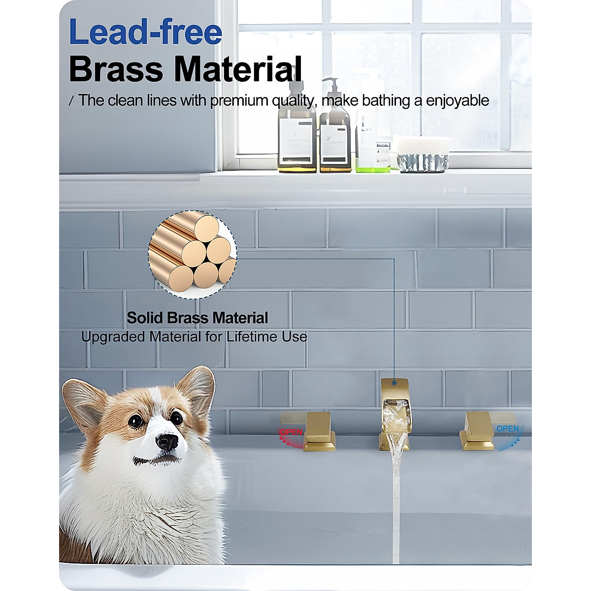 HOIGY Roman Bathtub Faucet Deck Mount 3 Hole, Brass Waterfall Faucet for Bathtub 6-16 Inch, Brushed Gold Tub Faucet Set 2 Handle, High Flow Widespread Bathtub Faucets with Water Hoses for Hotel