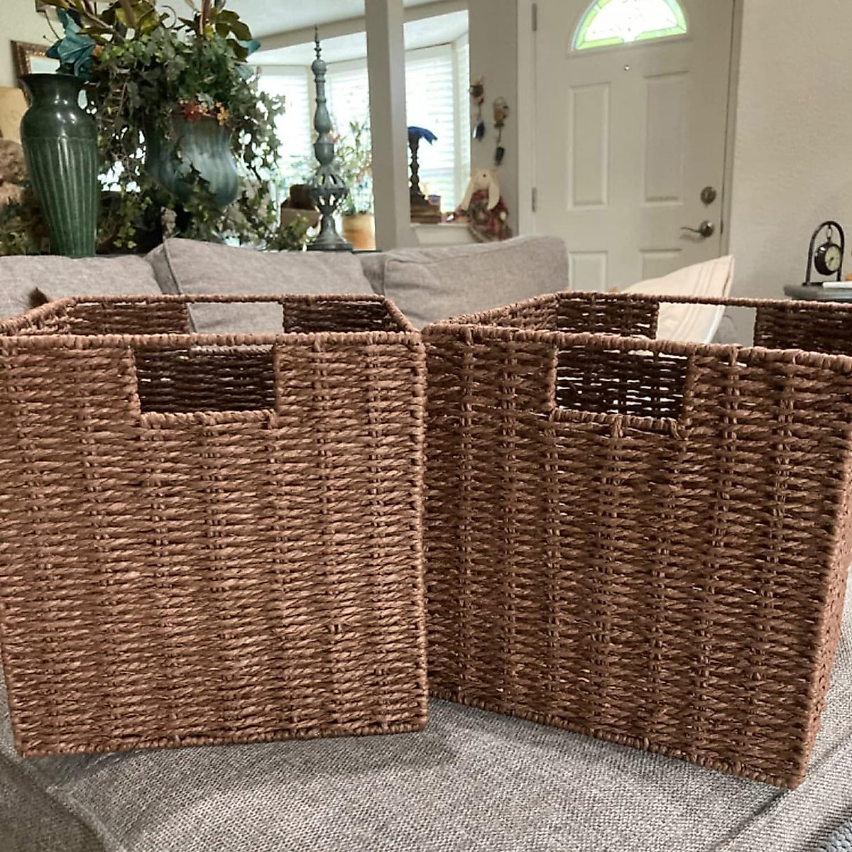 KemyFei Wicker Storage Basket, Foldable Wicker Storage Baskets, Handwoven Wicker Cube Storage Bins Cube 11 inch Decorative Large Wicker Baskets for Shelves Bedroom Nursery Room Pantry, 2 Pack (Brown)