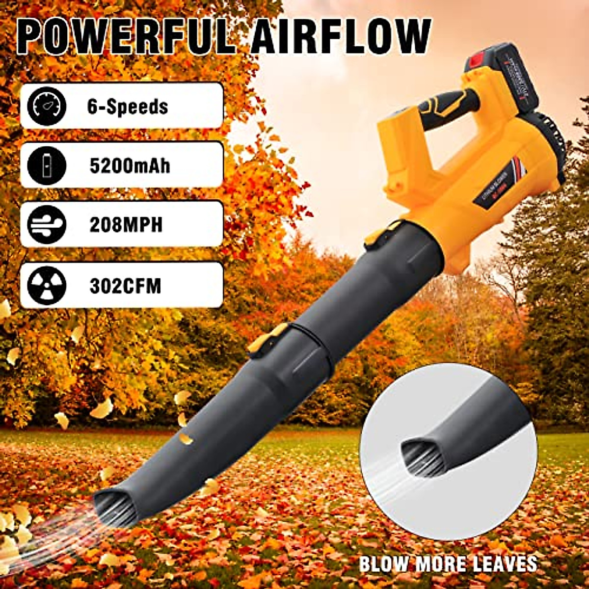 Cordless Leaf Blower - 320CFM 208MPH 21V Electric Handheld Leaf Blower with 5.2Ah Battery and Charger, 6 Variable Speed Leaf Sweeper for Leaves, Snow Debris, Dust, Yard Cleaning (Yellow)