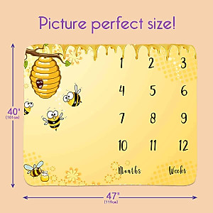 PHMOJEN Baby Age Milestone Blanket, Bee Honeycomb Blanket for Nursery, Baby 1-12 Months Growth Chart, Includes 4 Frame and 1 Headband 47"x40" BTQQPH33