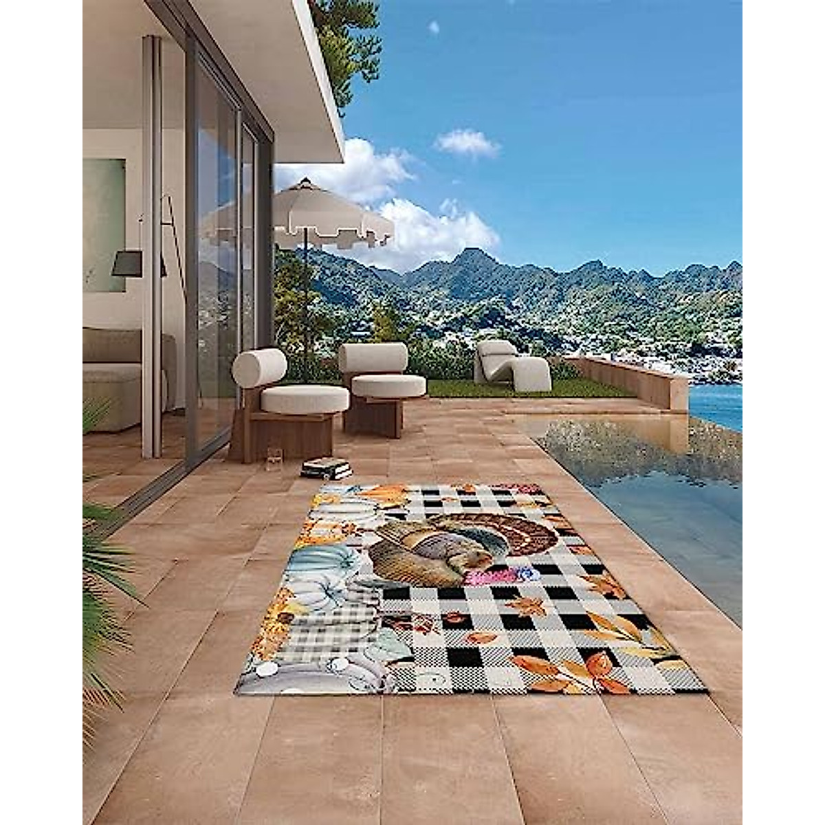 Outdoor Rug Carpet 5x8feet, Thanksgiving Retro Turkey Camping Area Rugs Soft Non-Shedding Non-Slip Floor Carpets Mat for Indoor Living Room,Bedroom Fall Harvest Pumpkin Buffalo Grid