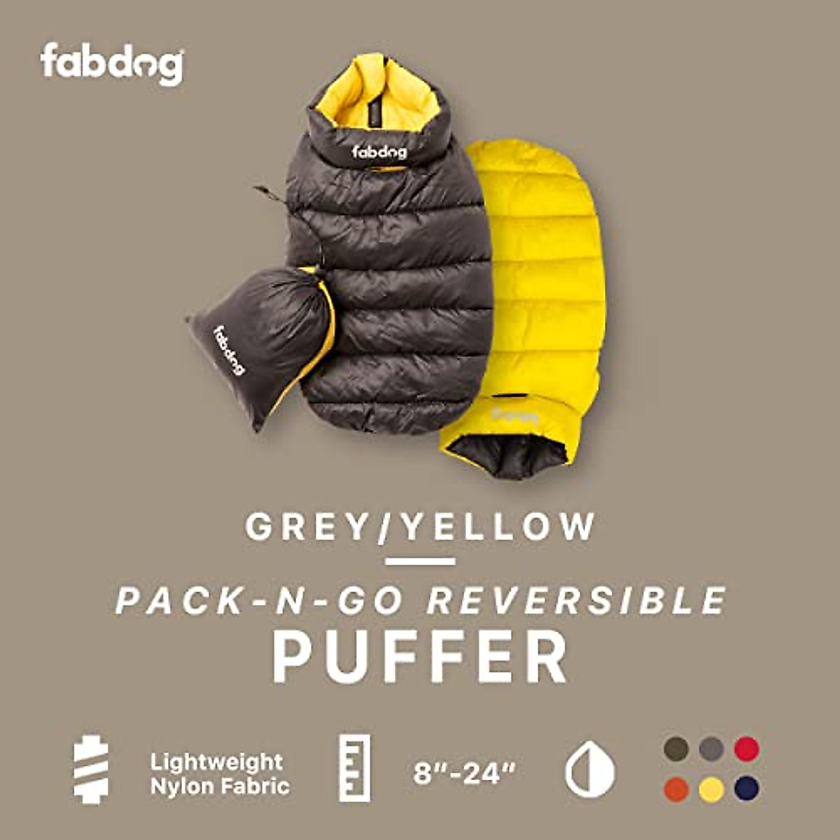 fabdog Dog Puffer Coat - Reversible Pack N Go Dog Coats for All Breeds - Comfy & Colorful Dog Jackets are Ideal Gifts - Clothes Fit Necks 8" | Yellow/Grey
