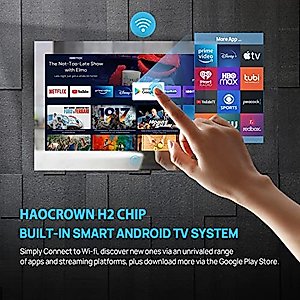【H2 Chip Android 11.0 System & 500 cd/㎡ High-Brightness 2023 Model】Haocrown 21.5-Inch Touchscreen Bathroom TV IP66 Waterproof Smart Mirror TV 1080P LED TV Built-in ATSC Tuner Wi-Fi Bluetooth(8GB+64GB)