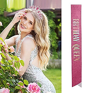VELSCRUN Birthday Crowns for Women, Pink Birthday Queen Sash Tiaras for Women, Princess Rhinestone Tiara Glitter Birthday Girl Sash, Women Girls Birthday Party Decorations Gifts Accessories