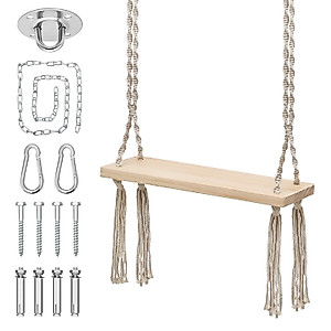 MoNiBloom Wooden Swing with Tassels, Outdoor Swing Seat for Adults with 350 lbs Capacity, Backyard Adjustable Rope Swing for Tree, Indoor/Outdoor Hanging Wood Swing Sets for Patio Garden Playground