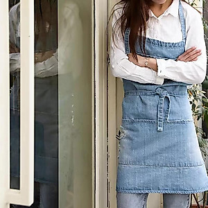 Jowcud Cotton Adjustable Bib Apron with 5 Pockets Cooking Kitchen Aprons Women Men Denim Jean Apron for Cafes Bars Kitchens