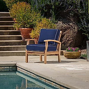 Tortuga Outdoor Jakarta Teak 4 Piece Club Chairs and 2 Ottomans, Navy Cushions Outdoor Furniture Set, Brown