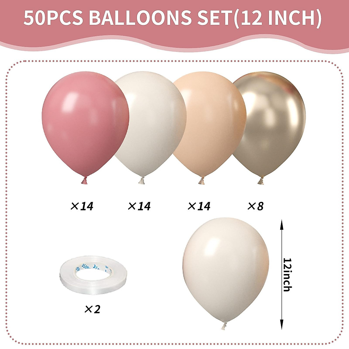 Dusty Pink White Balloons, 50Pcs 12 Inchs Blush Pink Sand White Metallic Gold Balloons for Girls Princess Birthday Party Wedding Anniversary Bridal Engagementl Baby Shower Decorations