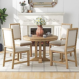 KoiHome 5 Piece, 42"-58" Farmhouse Round Extendable 16" Leaf and 4 Upholstered Chairs, Set of 5, Family Dining Table Set for Restaurant, Kitchen (Natural Wood Wash)