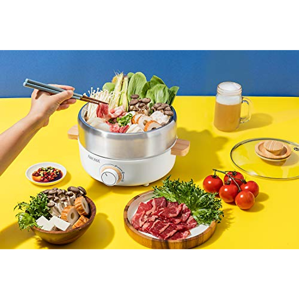 Aroma Housewares AMC-130 Whatever Pot, Indoor Grill, Cooking, Hot Pot with Glass Lid, Bamboo Handles, 2.5L, Stainless Steel/White