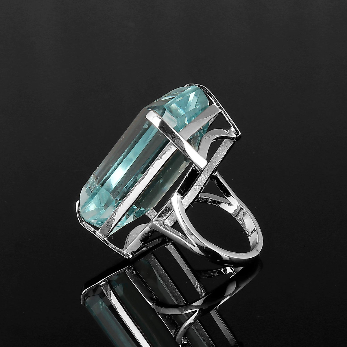 GEMHUB 93 Ct. Emerald Cut Big Size Blue Aquamarine Ring, Party Wear Ring, 925 Sterling Silver Ring