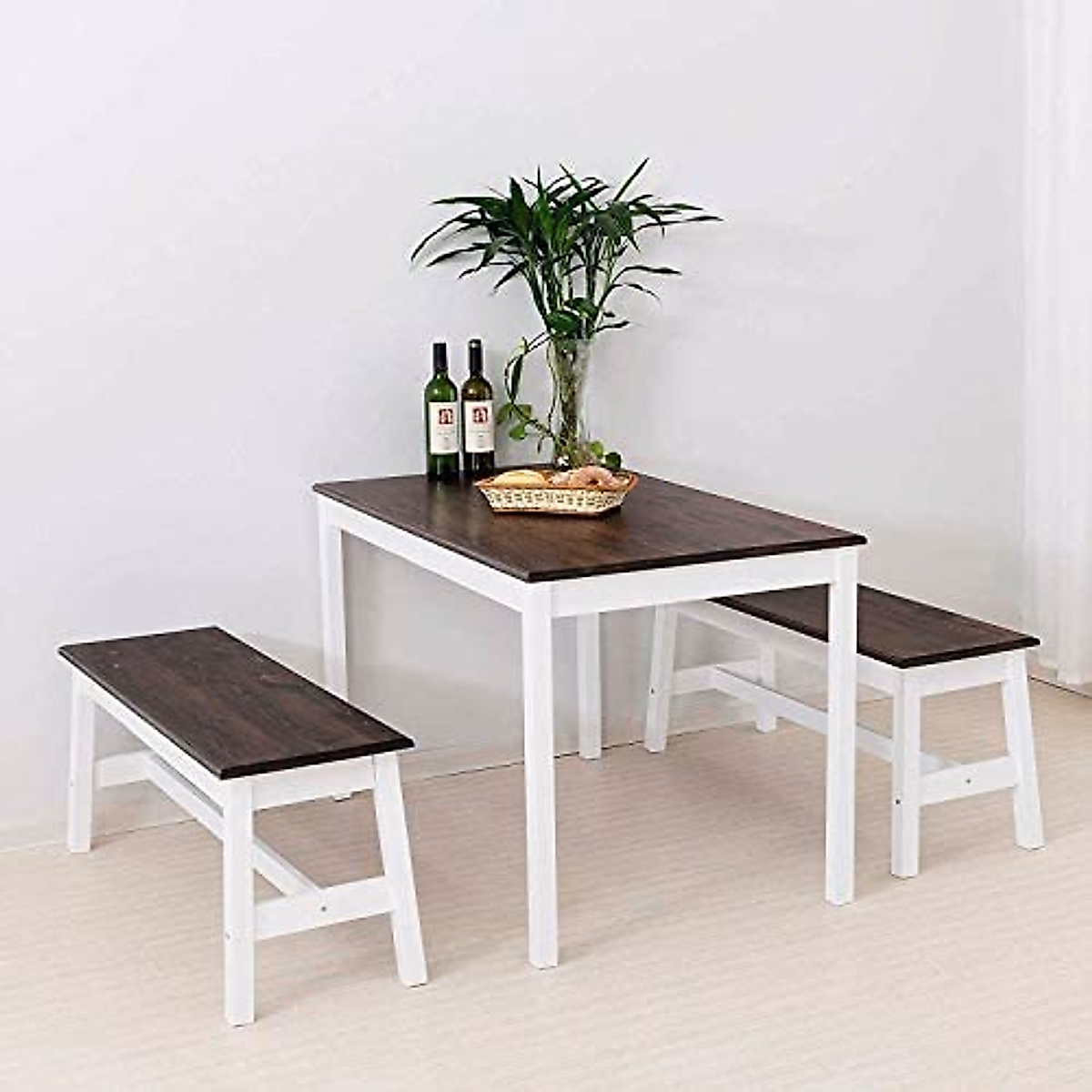 Alohappy Dining Table Set with 2 Benches, Rectangular Kitchen Table Set for 4-6 Person, Small Room Pine Wood Table for Kitchen, Dining Room, Easy Assembly (Dark Brown)