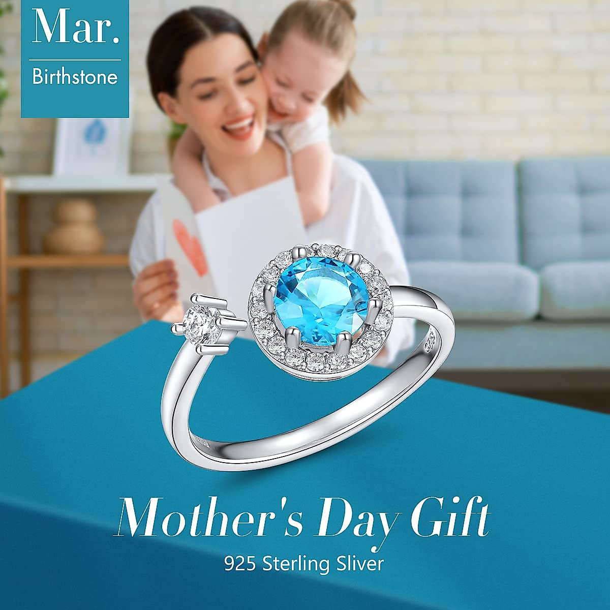 FOREVER QUEEN March Birthstone Rings for Women 925 Sterling Silver Womens Month Ring Adjustable Ring Anniversary Birthday Jewelry Gift Jewelry for Wife Mom Daughter