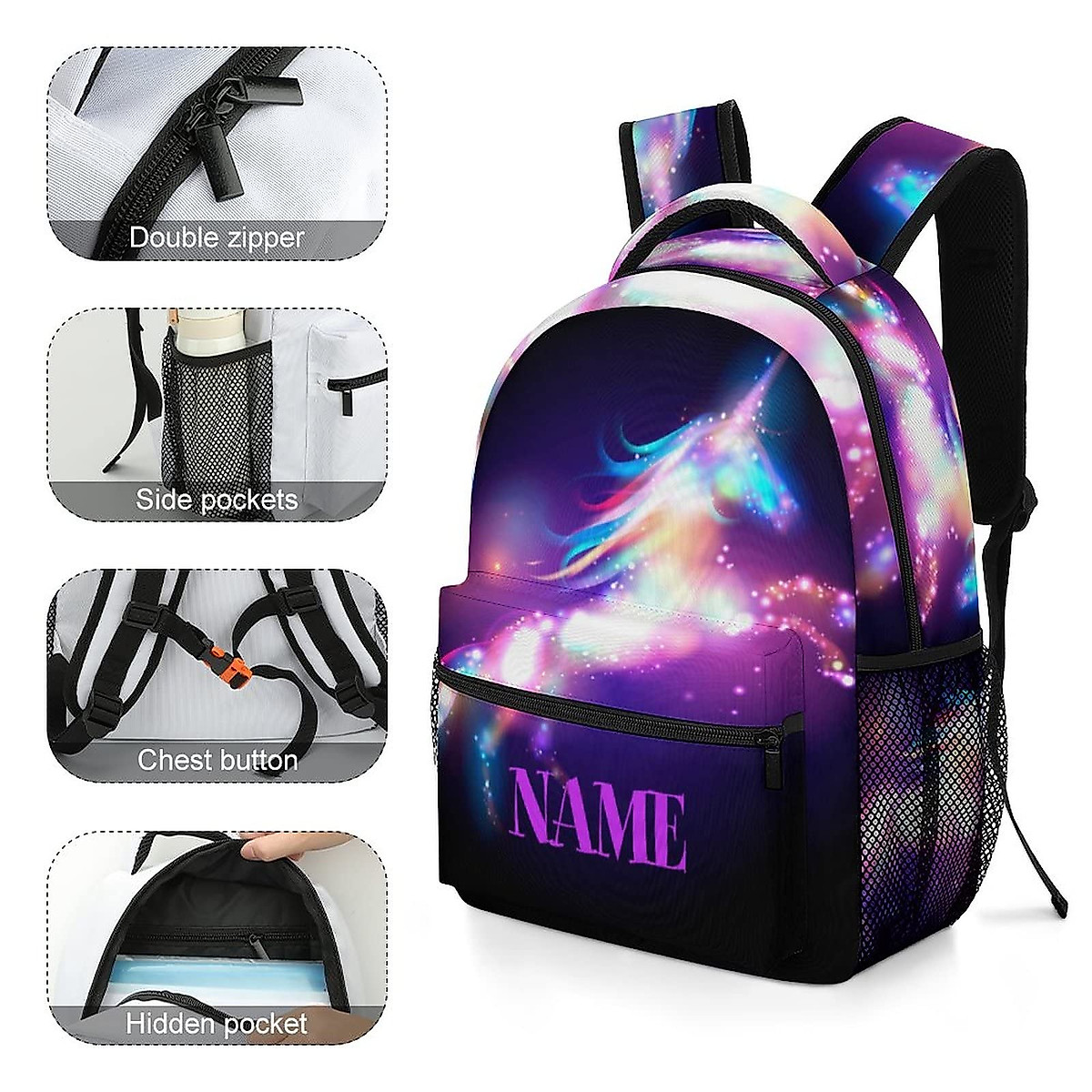 Custom Galaxy Purple Unicorn Backpack for Kids Boys Girls, Children Personalized Backpack with Name Text Customized Daypack Schoolbag for Student Bookbag