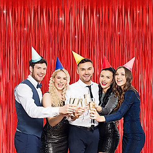 Fannev 2pcs Foil Curtains Metallic Fringe Curtains Red, 3.3ft x 8.2ft Metallic Tinsel Curtains for Birthday Wedding Engagement Bachelorette Party Bridal Shower Baby Shower Decorations