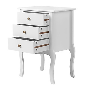 IKGH Night Stand, Retro Bedside Cabinet with 3 Large Storage Drawers and Solid Wood Curved Legs Living Room Bedroom Furniture,White