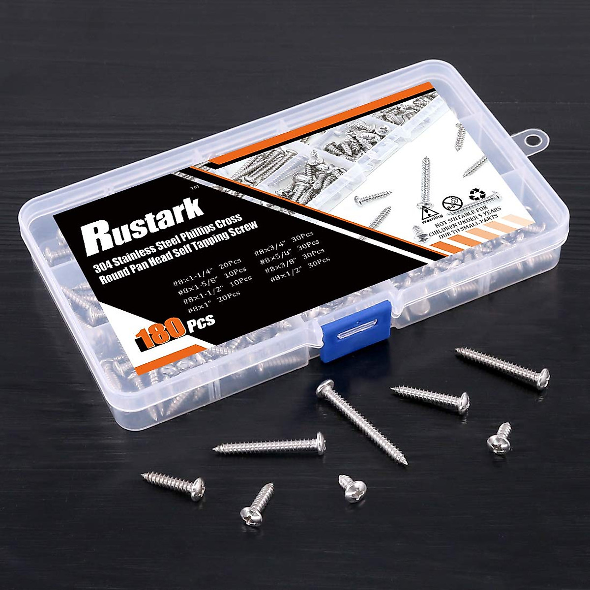 Rustark 180-Pcs [#8 3/8" to 1-1/2"] 304 Stainless Steel Round Pan Head Phillips Cross Wood Screws Self Tapping Drilling Screws Assortment Kit