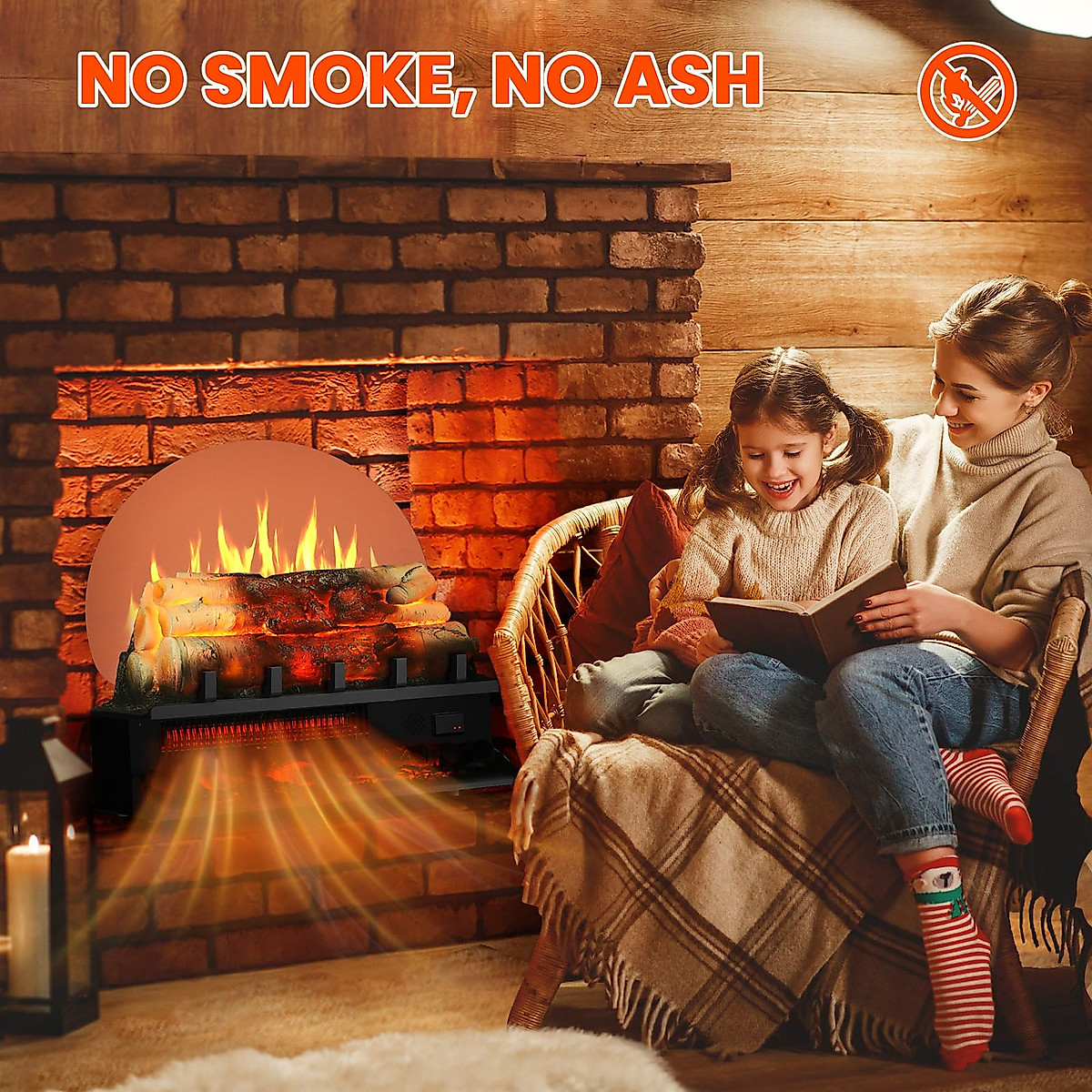 Rintuf Electric Fireplace Logs Set, 1500W Fireplace Insert Log Heater, Overheat Protection, Remote Control, Timer, 5 Flame Brightness/Speed & 4 Flame Sound, 20" Black Fireplace for Living Room Bedroom