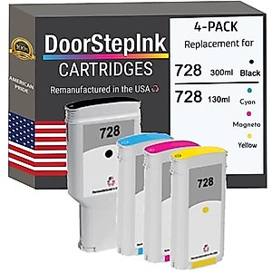 DoorStepInk Remanufactured in The USA Ink Cartridge Replacements for HP 728 300ml Matte Black, 130ml Cyan Magenta Yellow 4PK for Printers DesignJet T730 36-in T830 24-in T830 36-in