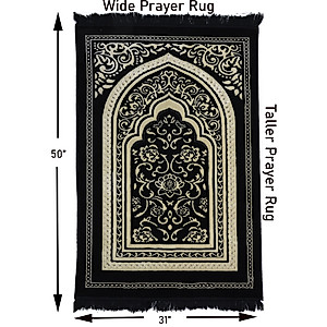 Modefa Turkish Islamic Velvet Prayer Rug - Thick Wide Soft Prayer Carpet - Men & Women - Large Prayer Mat - Eid & Ramadan Gift - with Kufi Cap Beads & Car Hanger - Double Plush Floral Black
