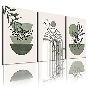 Sage Green Wall Posters & Prints, Green Boho Wall Art Set of 3, Minimalist Framed Wall Art Geometric Line Leaf Sun Moon Beige Green Canvas Artwork Paintings