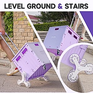 Honshine Foldable Cart with Stair Climbing Wheels, Collapsible Rolling Crate with Telescoping Handle, Handcart for Grocery Book File Tool Art Supplies(Lavender)