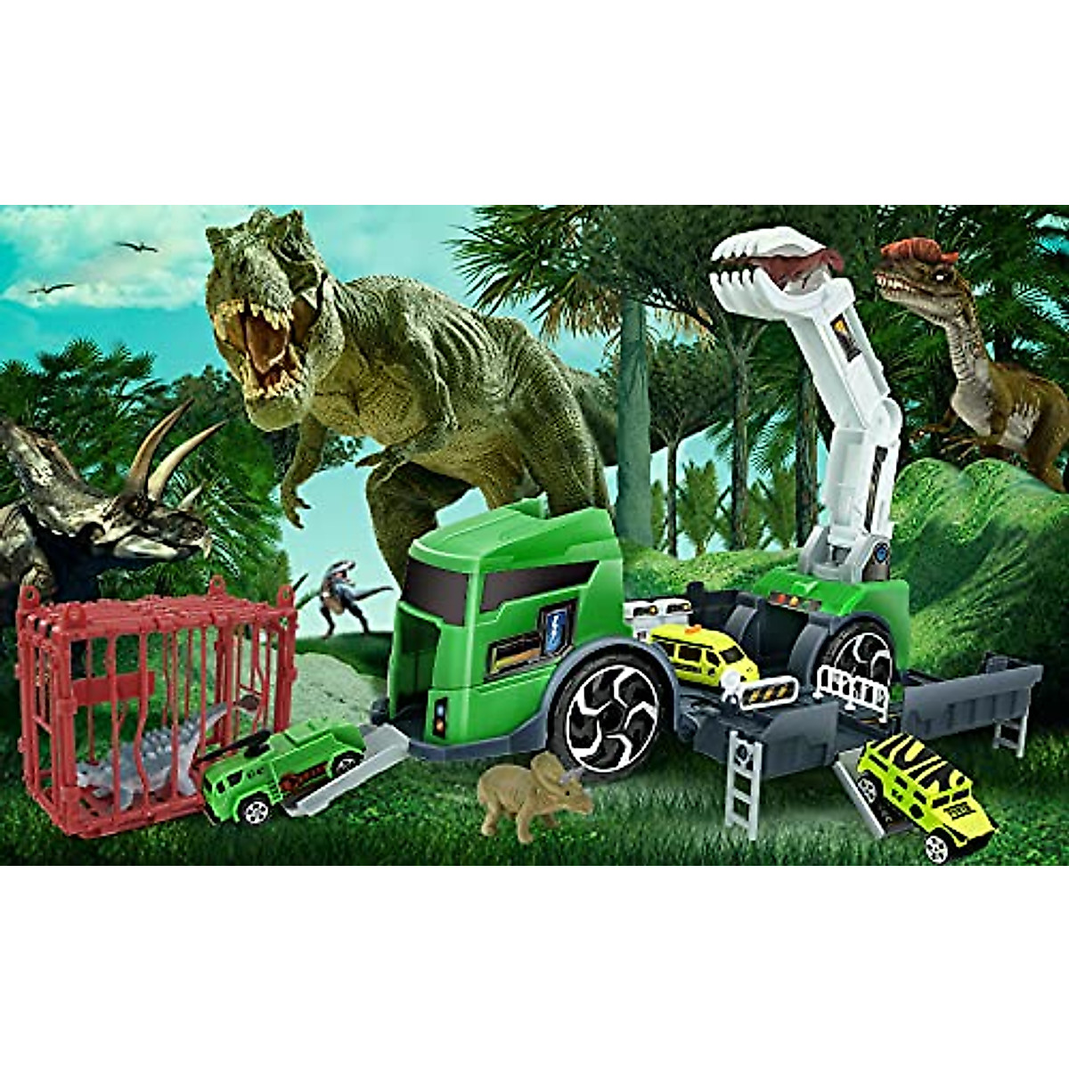 Siairo Dinosaur Toys, Dinosaur Truck Carrier, Dinosaur Transport Truck Car Toy for Kids 3 4 5 Year Old, with 3 Cars, 3 Dinosaurs, Manipulator, Helicopter, Cage, Gift for Boys Kids Toddlers