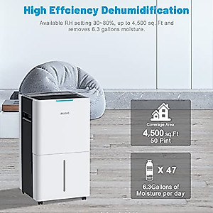 4,500 Sq. Ft Dehumidifier for Basements and Home, Aiusevo 50 Pint Dehumidifiers with Drain Hose Ideal for Large Room, Bedroom, Quietly Removes Moisture, 3 Modes Deshumidificador, Child Lock, 24H Timer