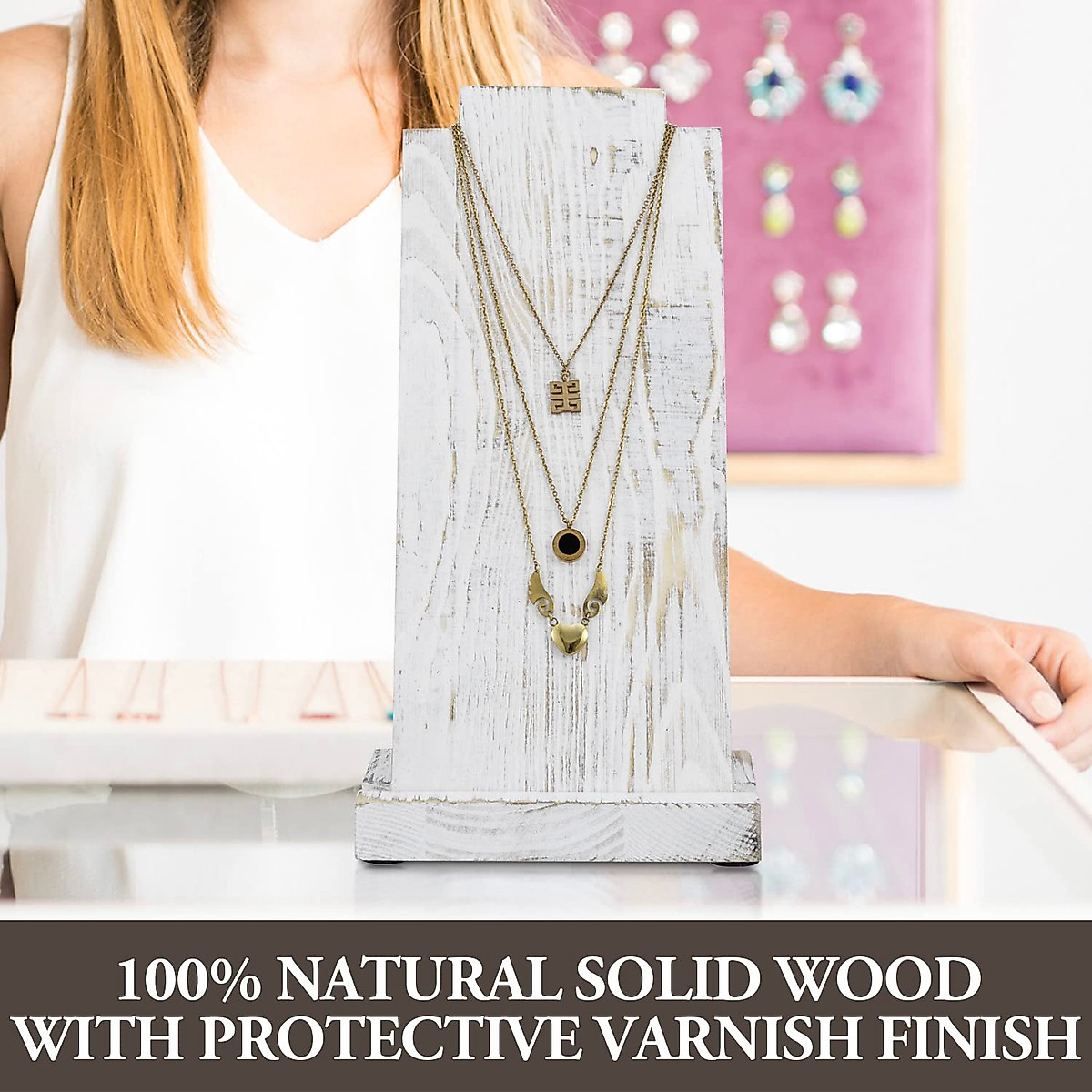 MyGift Shabby Chic White Washed Solid Wood Necklace Easel Stand with Detachable Board and Base, Tabletop Adjustable Bust Jewelry Holder for Retail Display