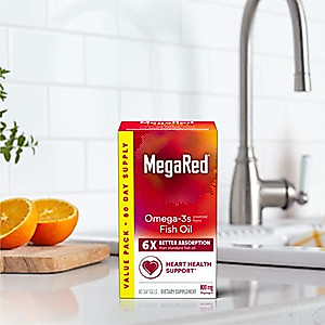 MegaRed Omega 3 Fish Oil Supplement 800mg (per Serving), Advanced 6X Absorption EPA & DHA Omega 3 Fatty Acid Softgels (80cnt Box), Phopholipids, Supports Brain Eye Joint & Heart Health