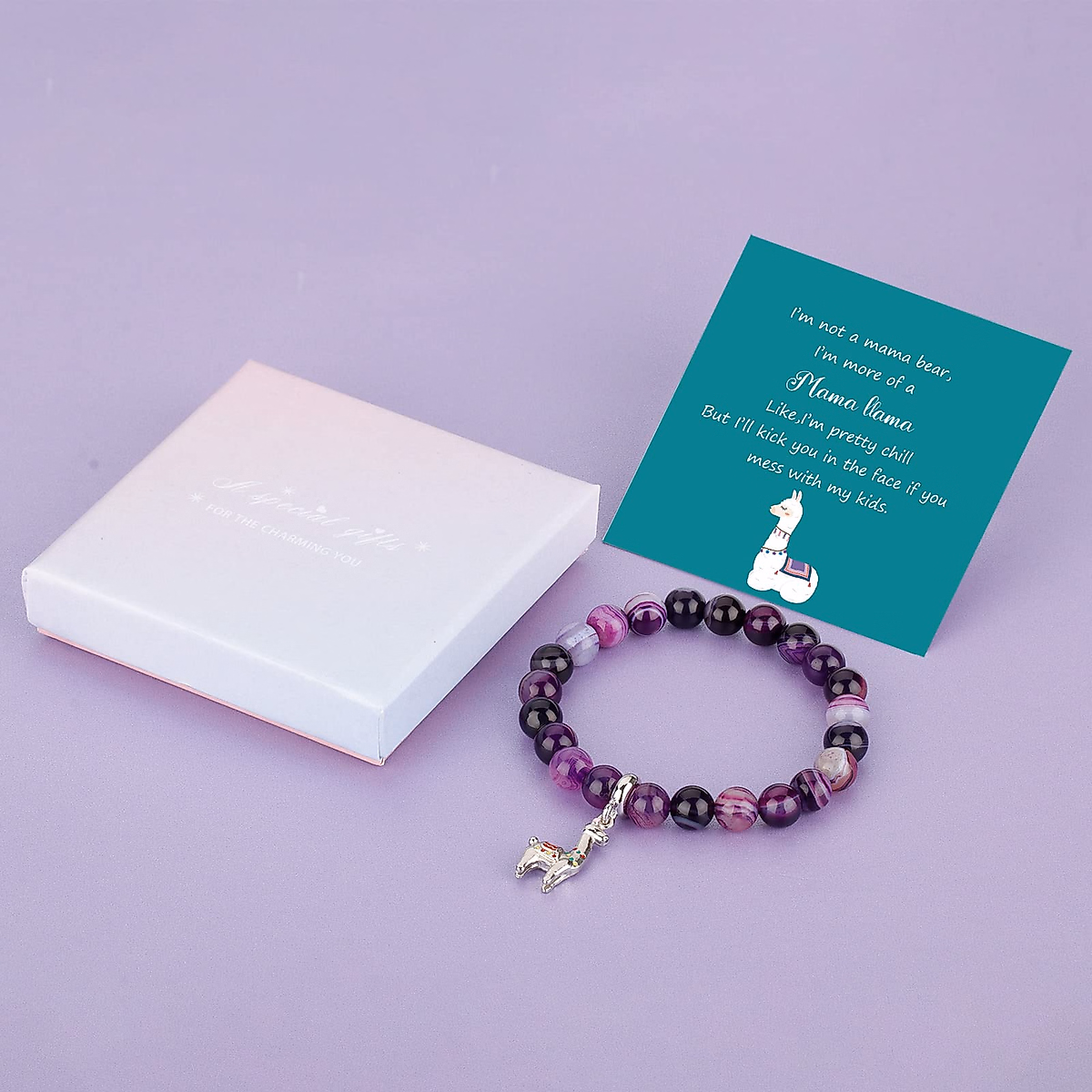 Llama Gifts for Women Mama LLama Bracelet,Purple Agate Beads Llama Charm,Llama Birthday Gift Alpaca Gifts for Llama Lovers (Purple Mama Llama)