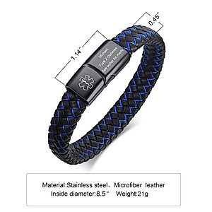 VNOX Blue TYPE 1 DIABETES Braided Leather Medical Symbol Caduceus with Stainless Steel Cuff Wristband Bracelet,8.5 Inches
