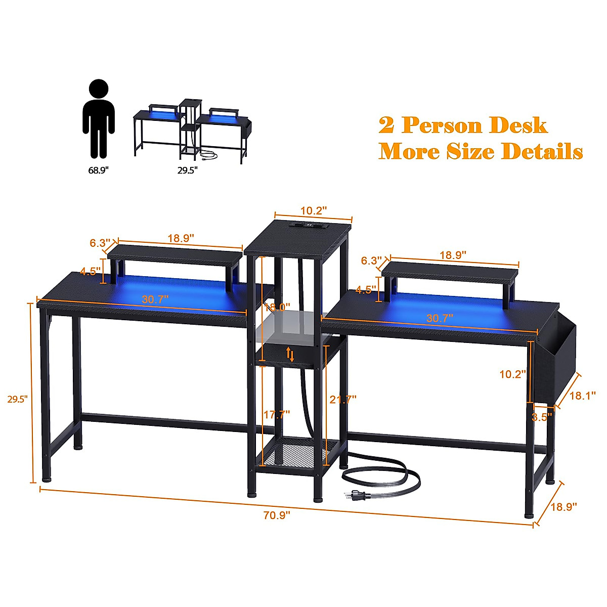 Furologee 2 Person Gaming Desk with LED Lights, 71 Inch Computer Desk with Power Outlets and Monitor Stand, Double Desk with Storage Bag and Headphone Hooks, Study Writing Table for Home Office, Black