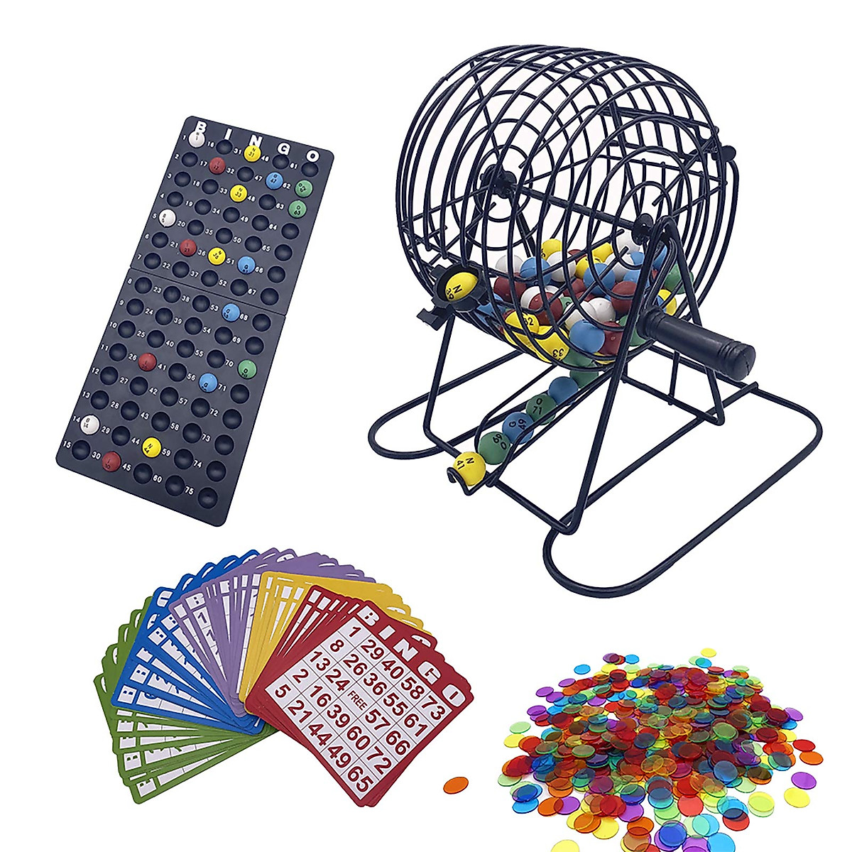 JUNWRROW Deluxe Bingo Game Set with 6 Inch Cage, Master Board,75 Colored Balls a Bag, 50 Cards, and 500 Color Mix Chips Ideal for Large Groups