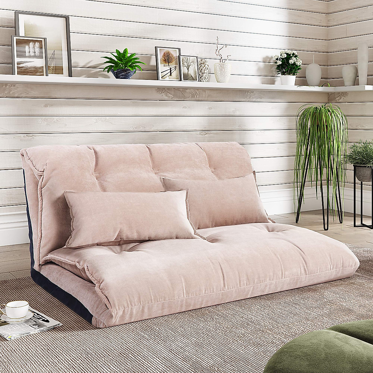 Harper & Bright Designs Floor Sofa Adjustable Lazy Sofa Bed, Foldable Mattress Futon Couch Bed with 2 Pollows (Beige)