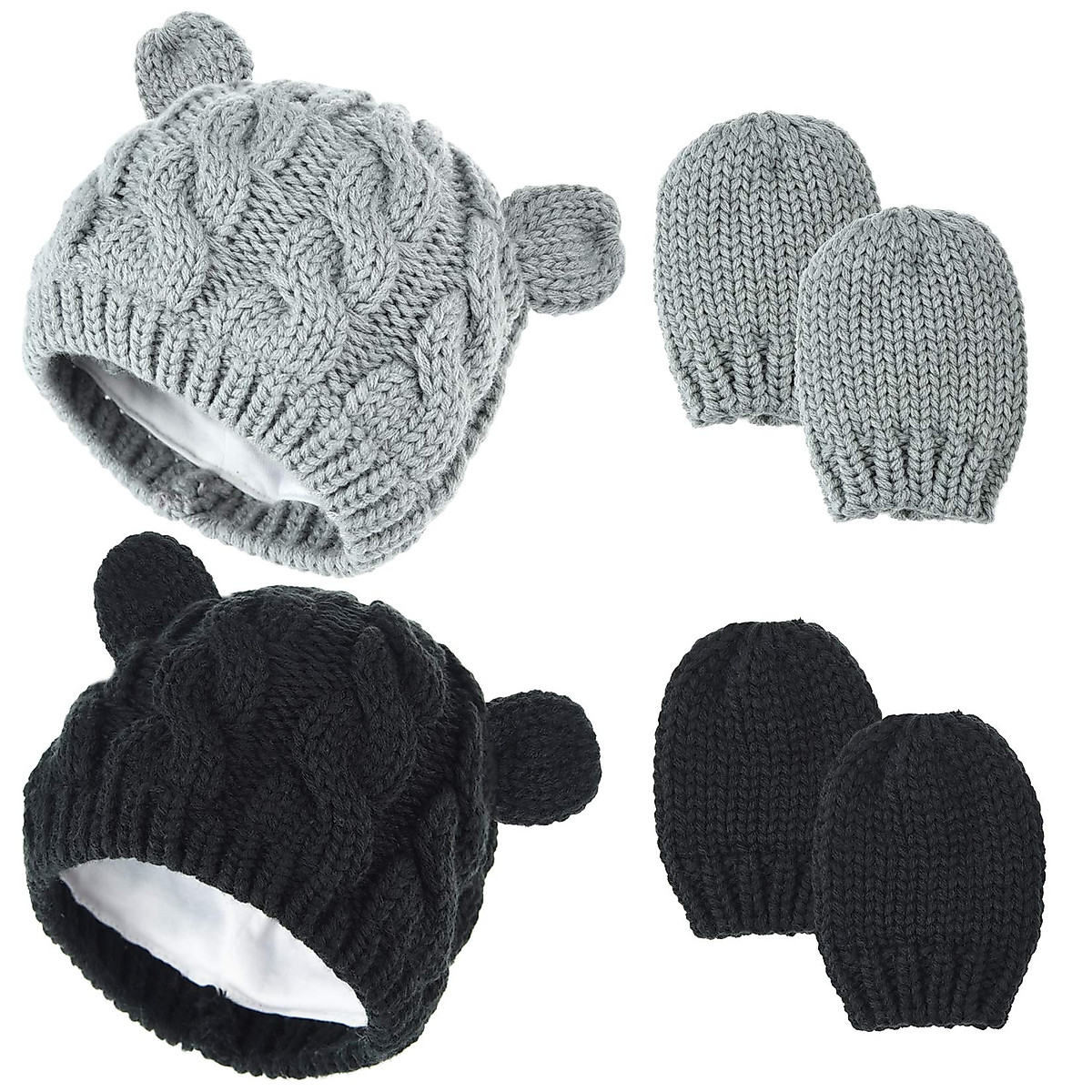 2 Set Newborn Winter Beanie Hats Gloves Kit for Baby Girls Boys Infant Toddler Warm Knitted Hats Glove Autumn Spring 3-6 Months (Black & Gray)
