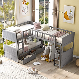 GLORHOME Twin-Over-Twin Triple Bed Wooden L-Shaped Bunk Bed with Ladders and 2 Storage Drawers, Space Saving Bedroom Furniture for Kids Teens