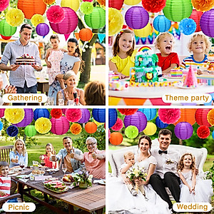 52 Pcs Rainbow Party Decorations 24 Rainbow Tissue Paper Pom Poms 28 Hanging Paper Lanterns Flowers Lanterns for Christmas Wedding Baby Shower Rainbow Birthday Decorations