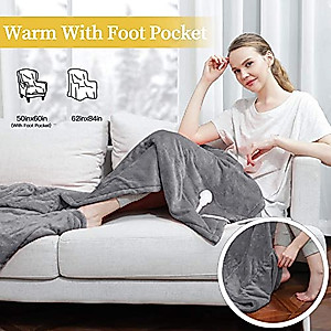 WAPANEUS Electric Throw Blanket 50”x60” Flannel Heated Throw Blanket with Foot Pocket, 3 Heating Settings 4 Hours Auto-Off, Fast-Heating, ETL Listed, Machine Washable, Grey