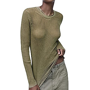 SAFRISIOR Women Sexy See Through Long Sleeve T-Shirts Mesh Sheer Skinny Rib Scalloped Trim Tees Blouse Top Outfits Khaki